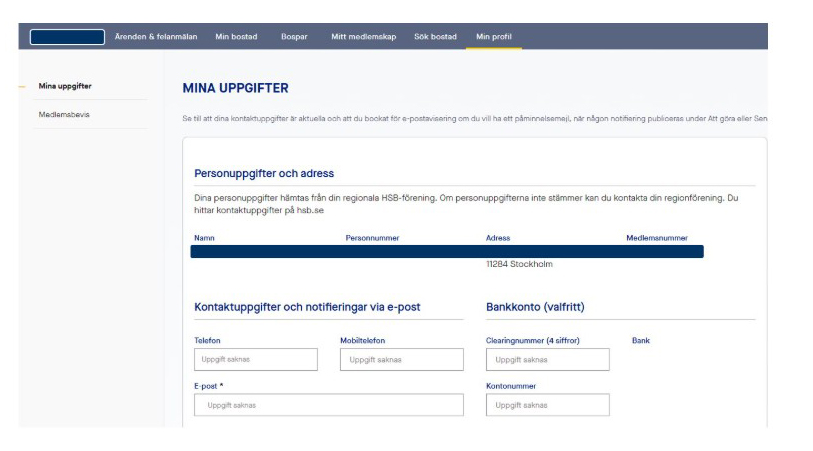 Registrera dina uppgifter via "Mitt HSB"