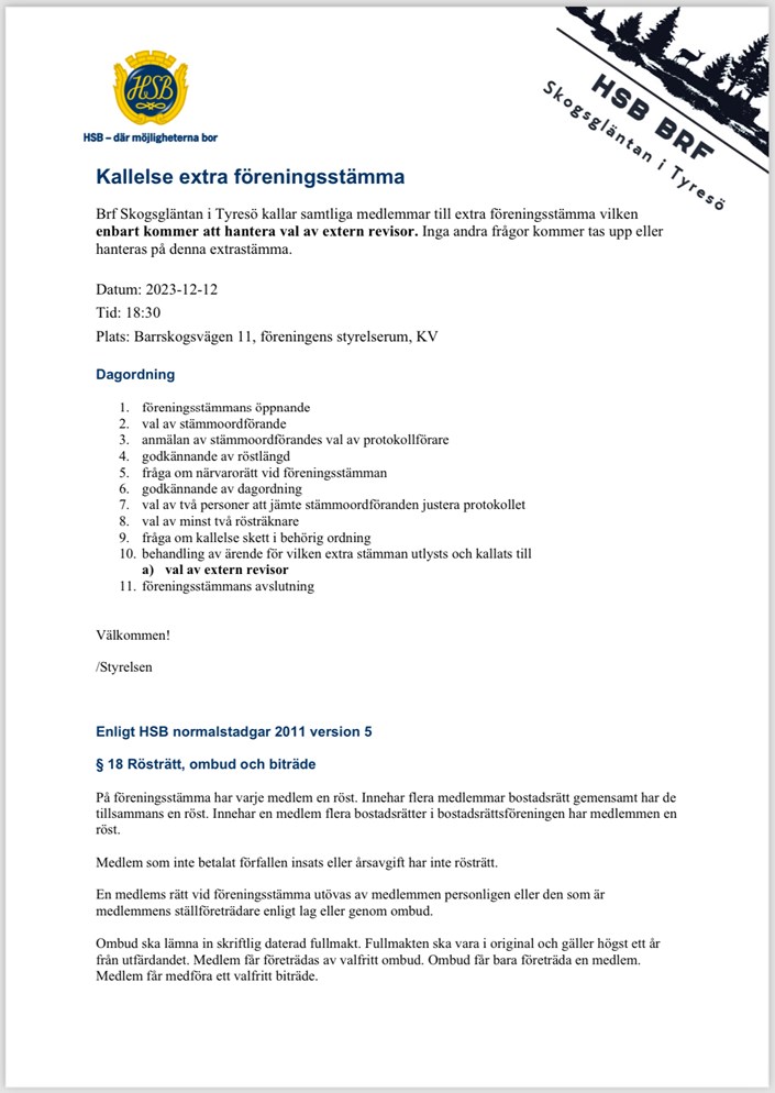 Kallelse extra föreningsstämma