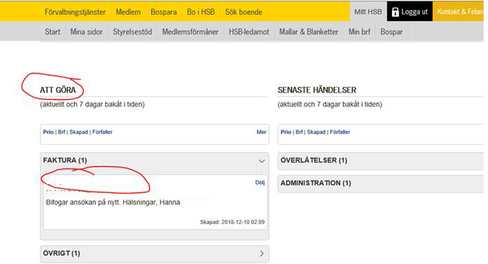 Information om ”Att göra” - Andrahandsupplåtelser syns under ”Fakturor”