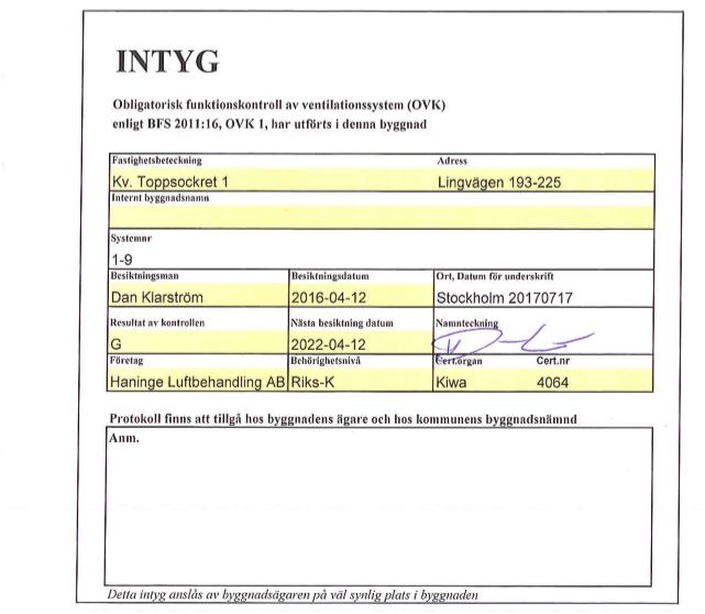 OVK godkänt och intyg uppsatt