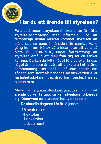 Styrelsen informerar
