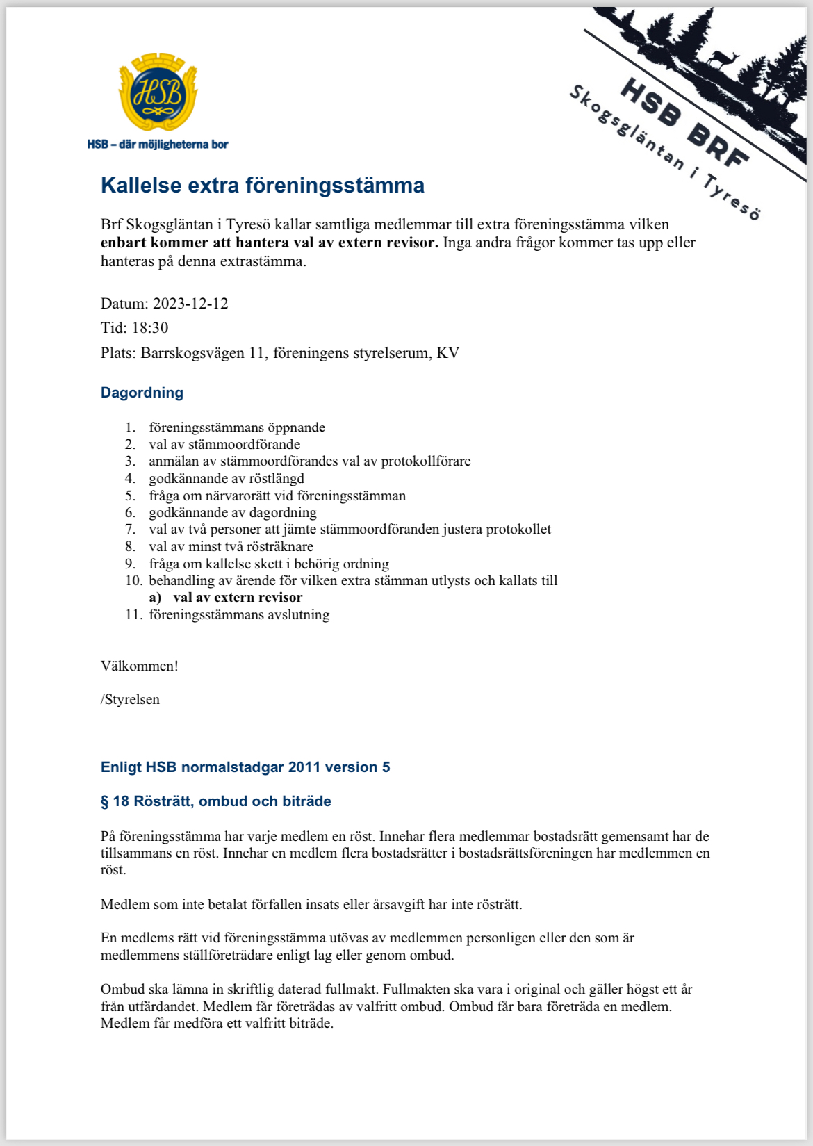 Kallelse extra föreningsstämma