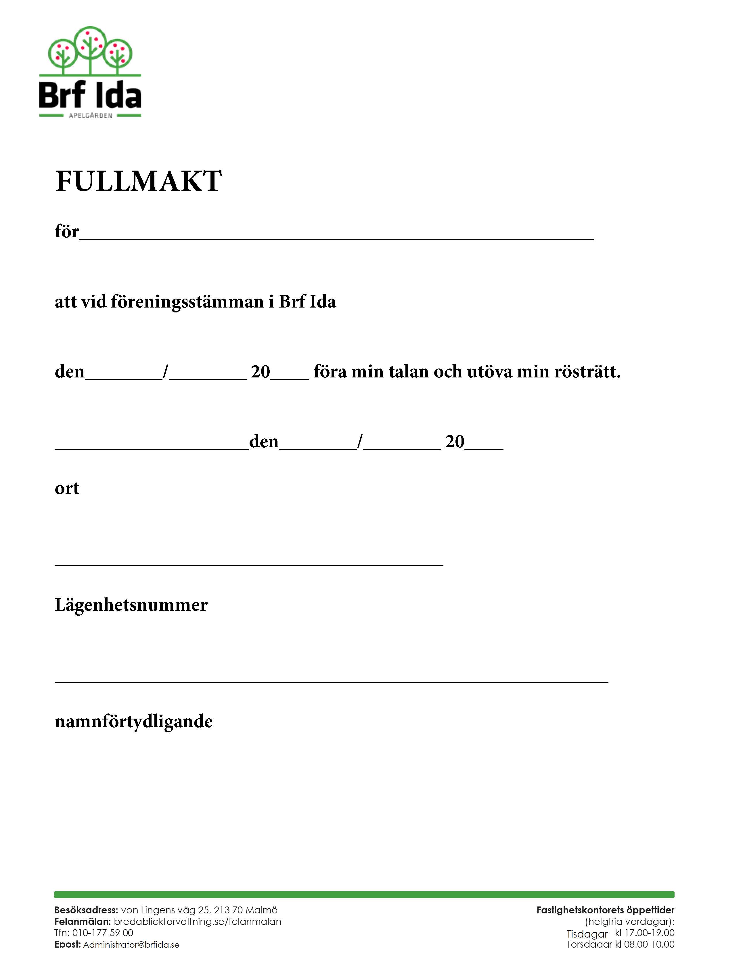 Fullmakt till stämma