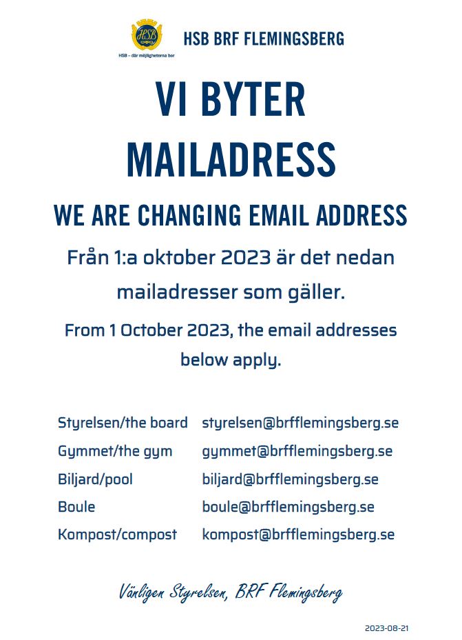 Vi byter mailadress!